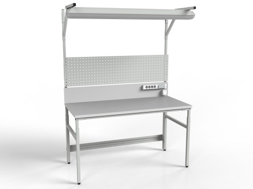 Adjustable assembly table with lighting and perforated panel